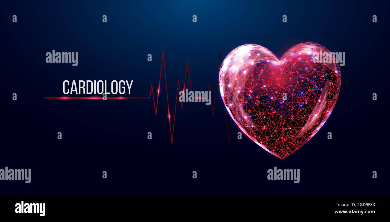 Cardiology concept banner. Wireframe low poly style red heart. Abstract ...