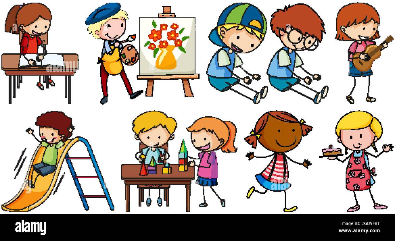 Set of different doodle kids cartoon character illustration Stock ...