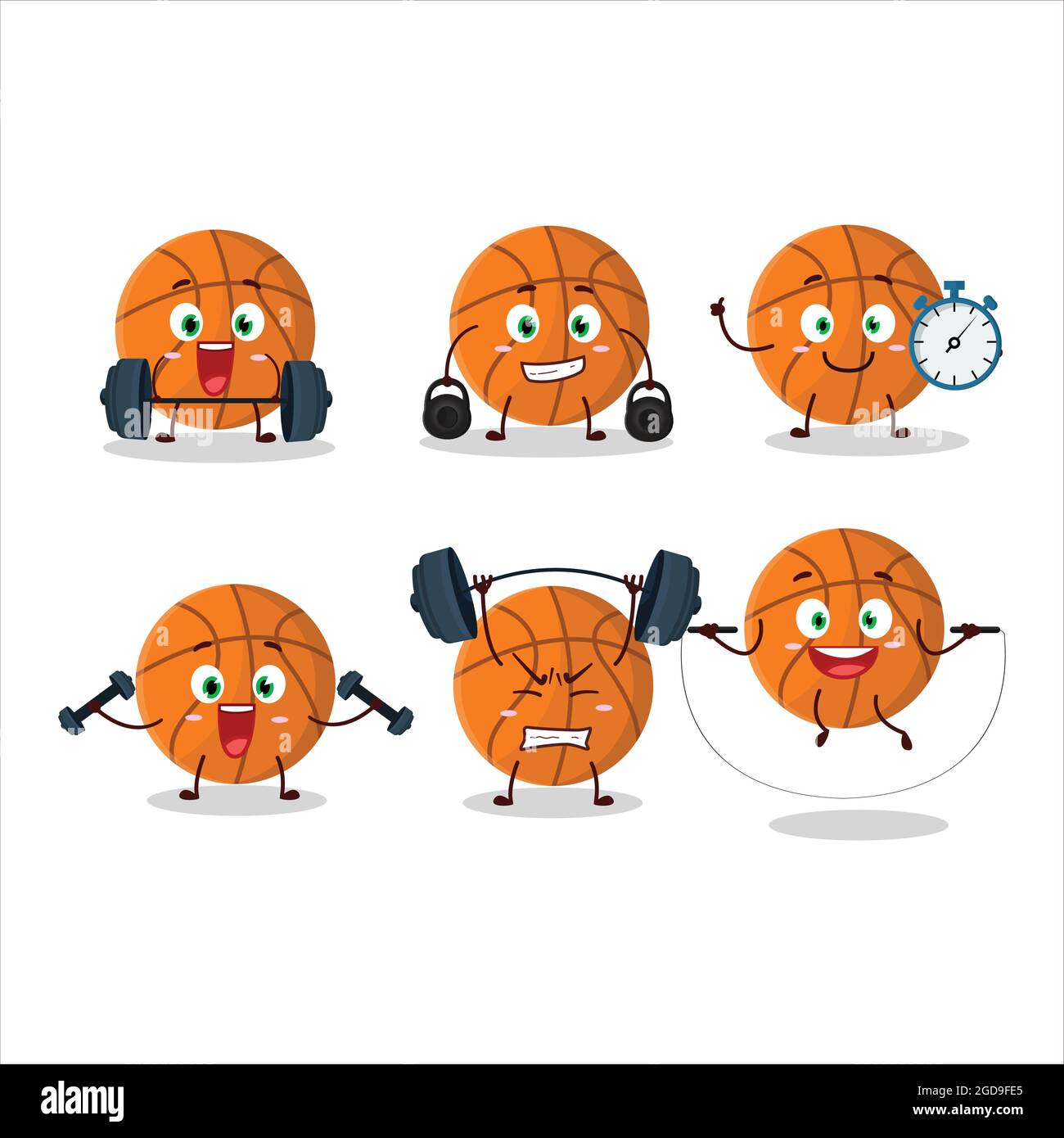 A healthy basketball cartoon style trying some tools on Fitness center ...