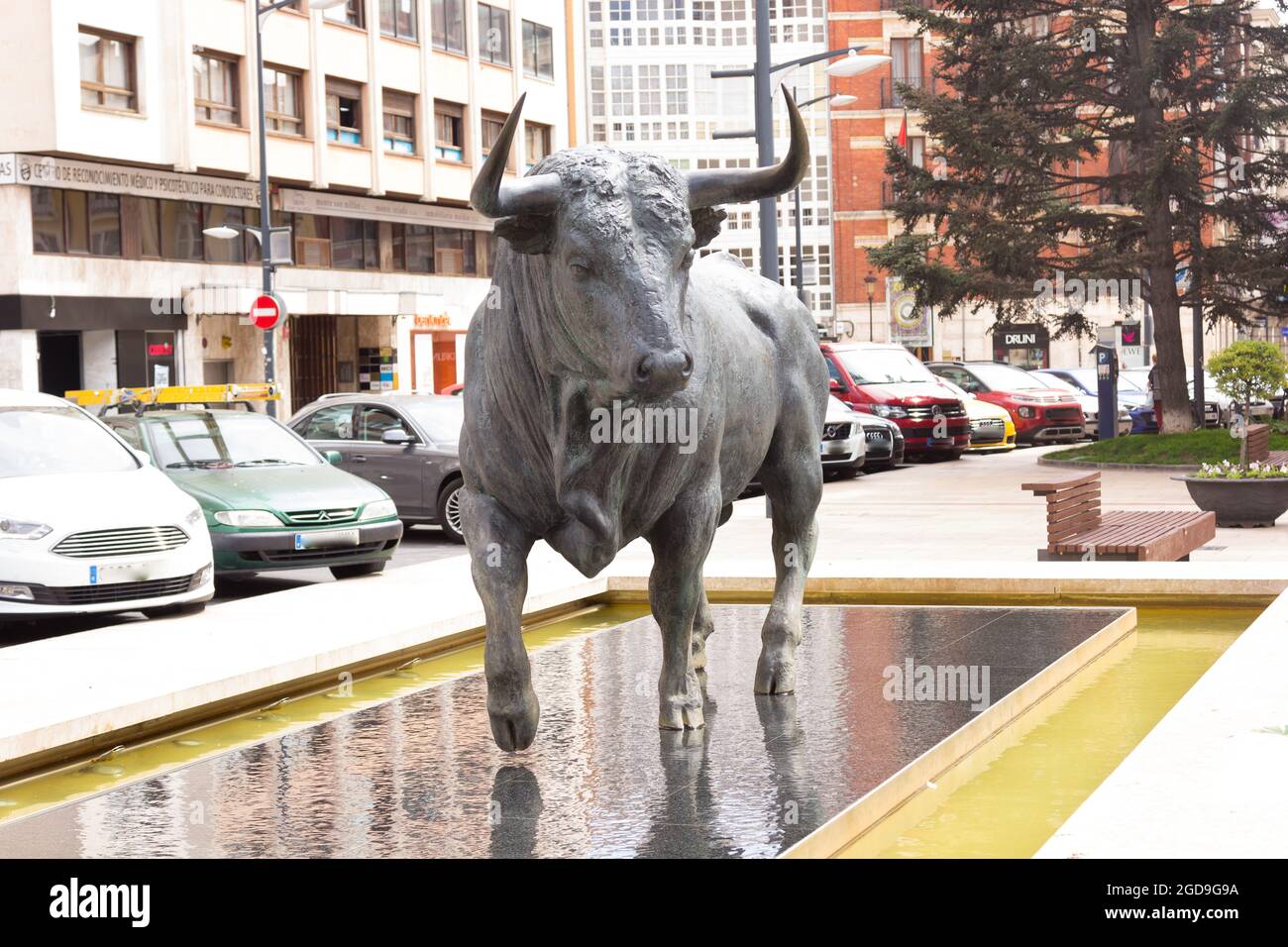 Figure of a fighting bull, a toro de Lidia, in a central square in the ...
