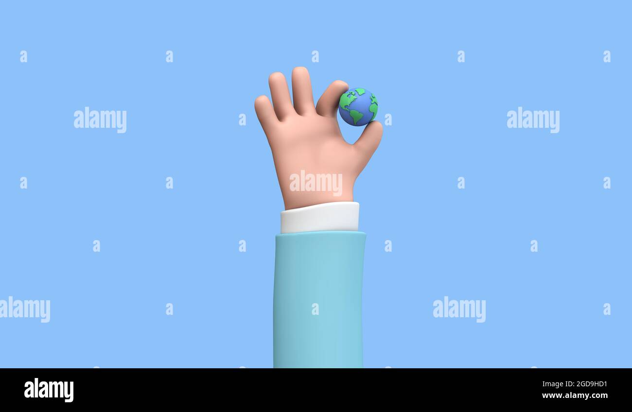 Cartoon style hand holding a planet earth. Earth day concept. 3D Render ...