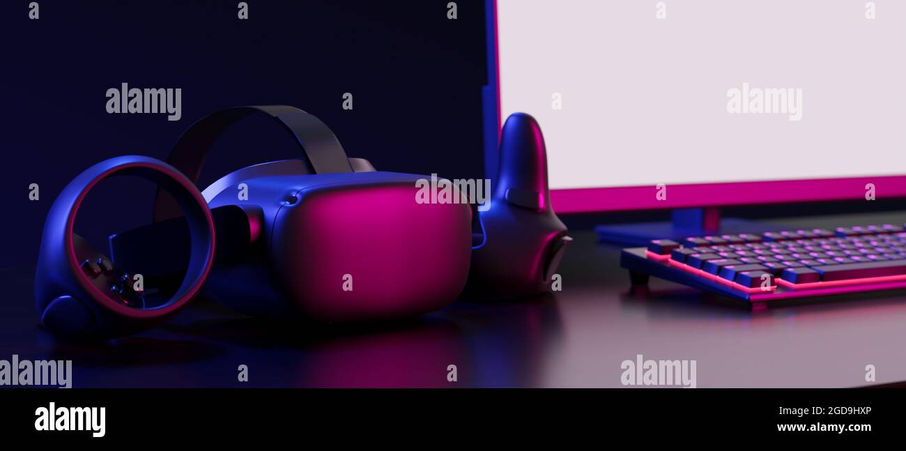 Gamer computer desk, virtual reality goggles with joy sticks, computer ...