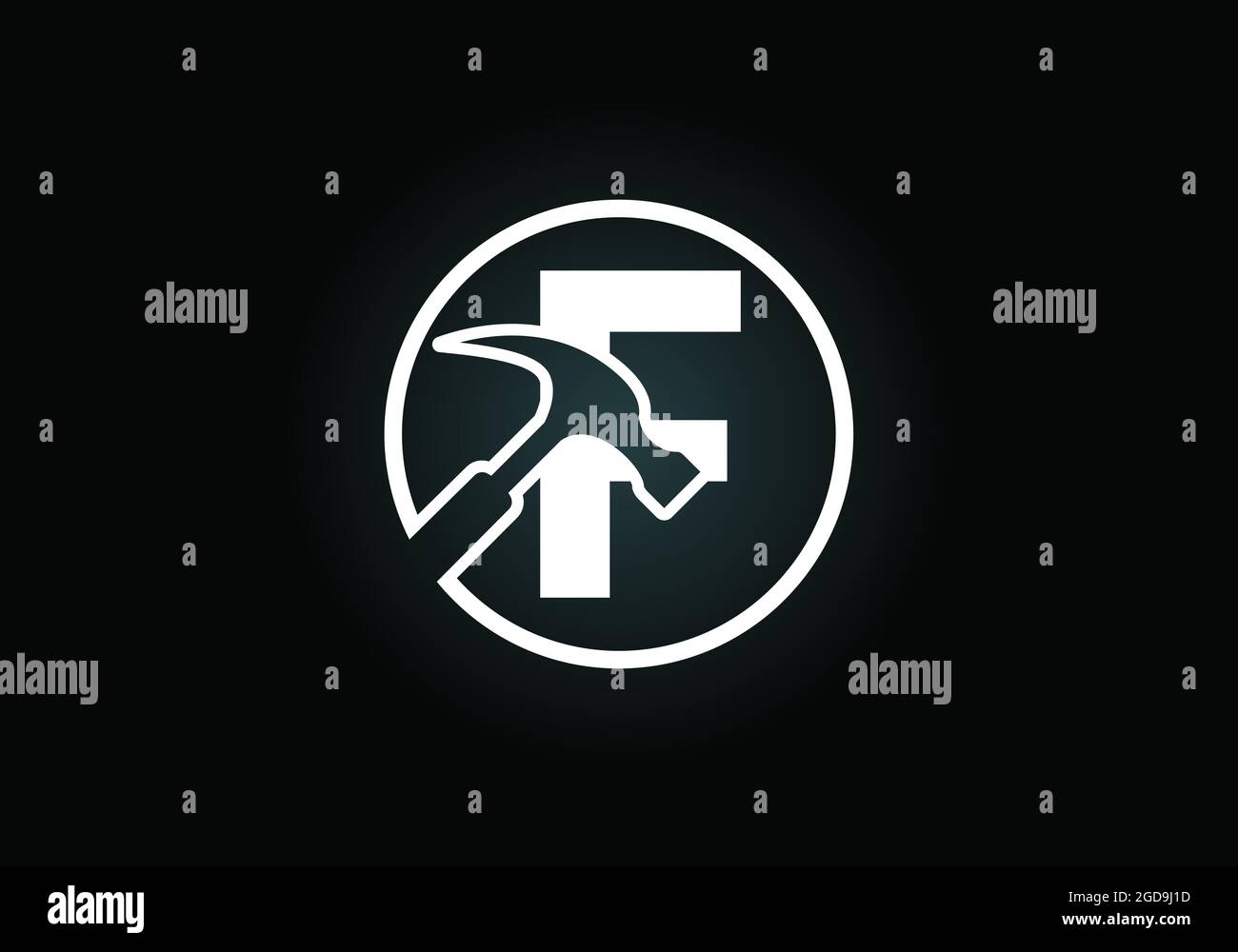 Initial F monogram letter alphabet with a Hammer. Repair, renovation ...