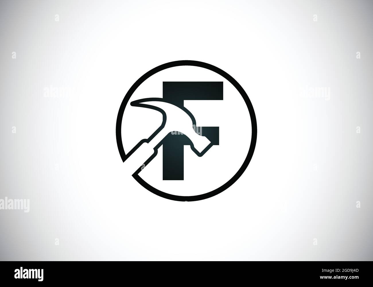 Initial F monogram letter alphabet with a Hammer. Repair, renovation ...