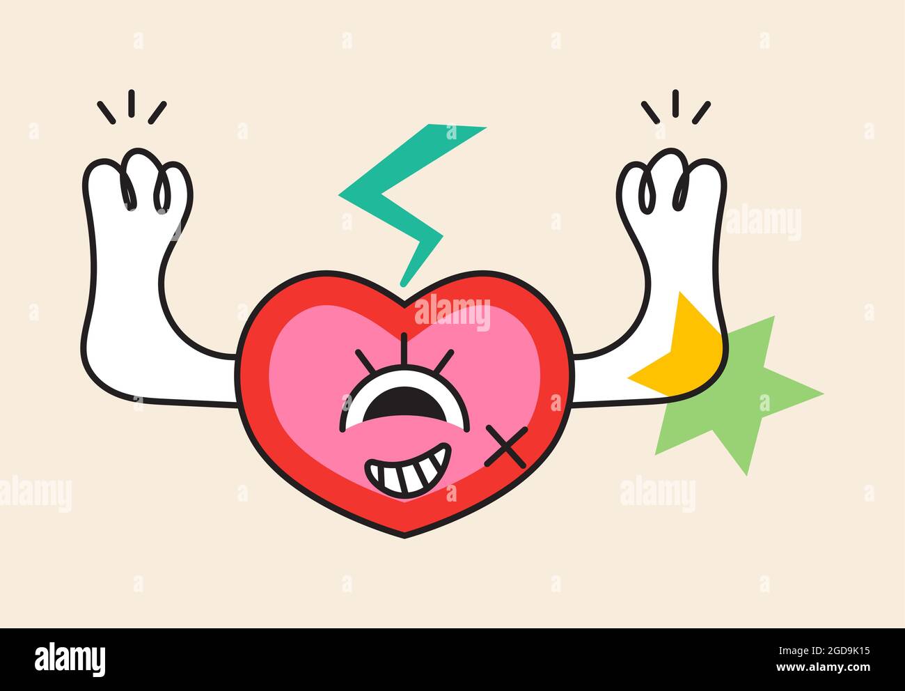 Crazy heart sticker vector. Abstract comic character with big angry eye ...
