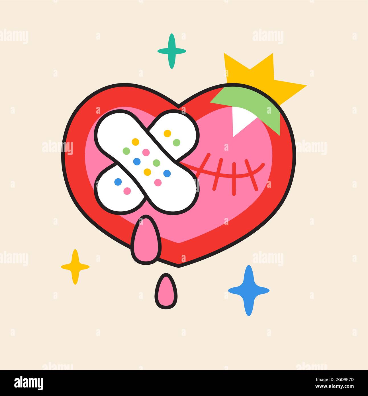 Crazy heart sticker vector. Abstract comic character with big angry eye ...