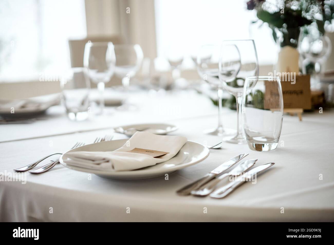 Table setting in a fancy restaurant before wedding reception Stock ...