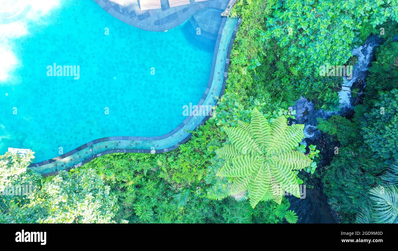 Aerial view of luxury hotel with straw roof villas and swimming pools in tropical jungle and ...