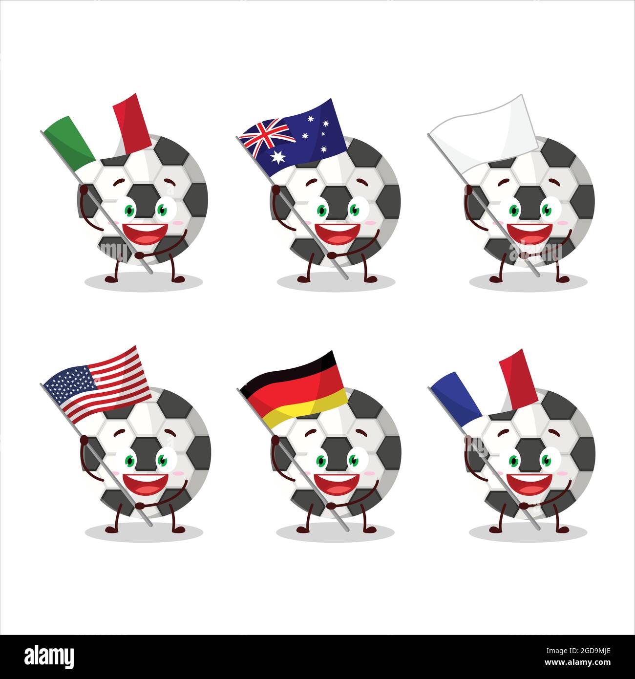 Soccer ball cartoon character bring the flags of various countries ...
