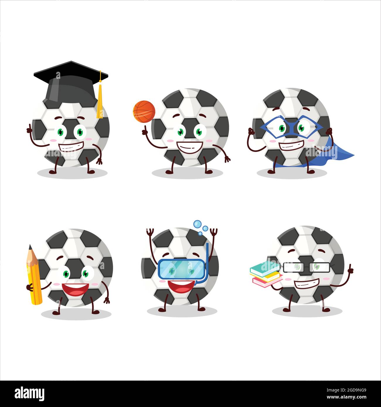 School student of soccer ball cartoon character with various ...