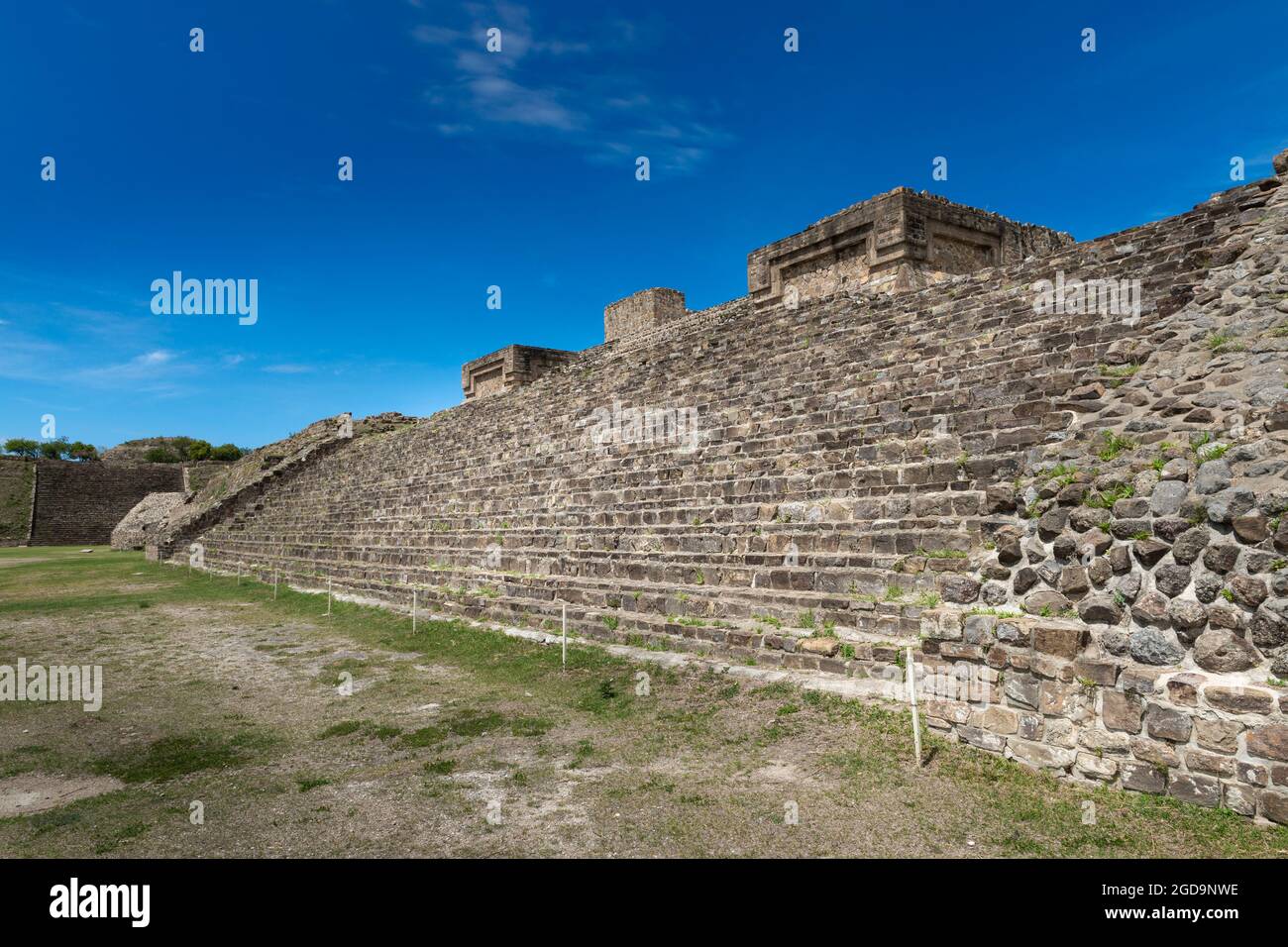 View of the ancient ruins of the Monte Albán pyramid complex in Oaxaca ...