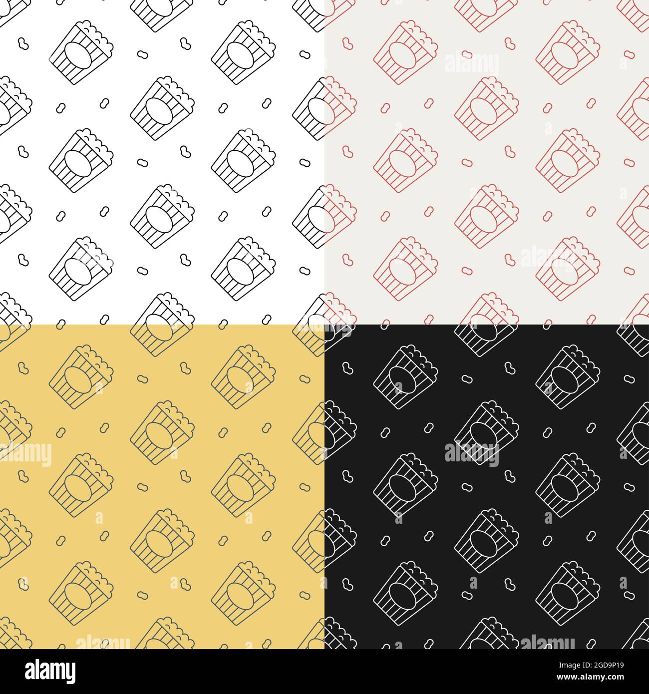 set of seamless patterns with Packet of popcorn, bucket of airy dessert ...