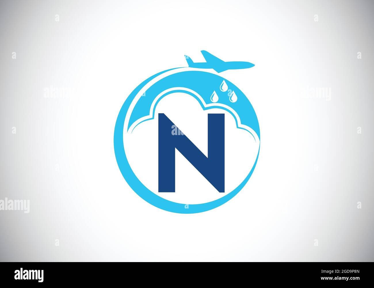 Initial N monogram alphabet with an airplane and cloud. Artificial ...