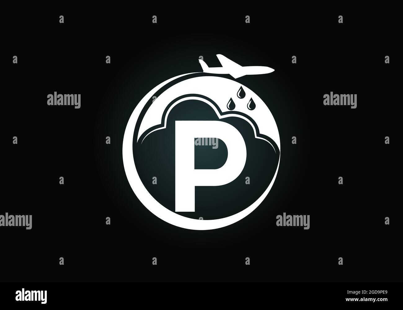 Initial P monogram alphabet with an airplane and cloud. Artificial ...