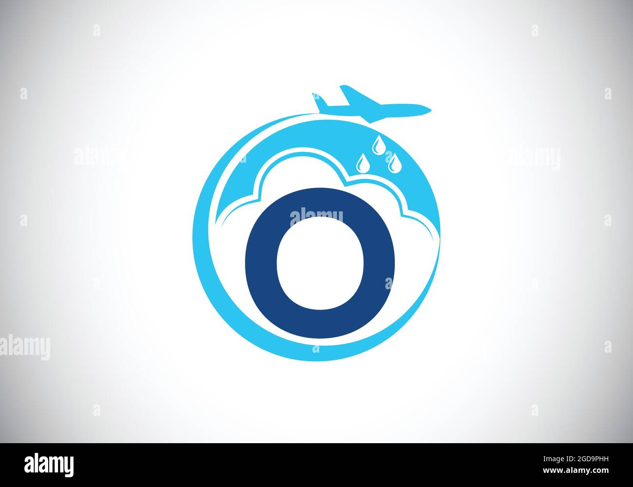 Initial O monogram alphabet with an airplane and cloud. Artificial ...