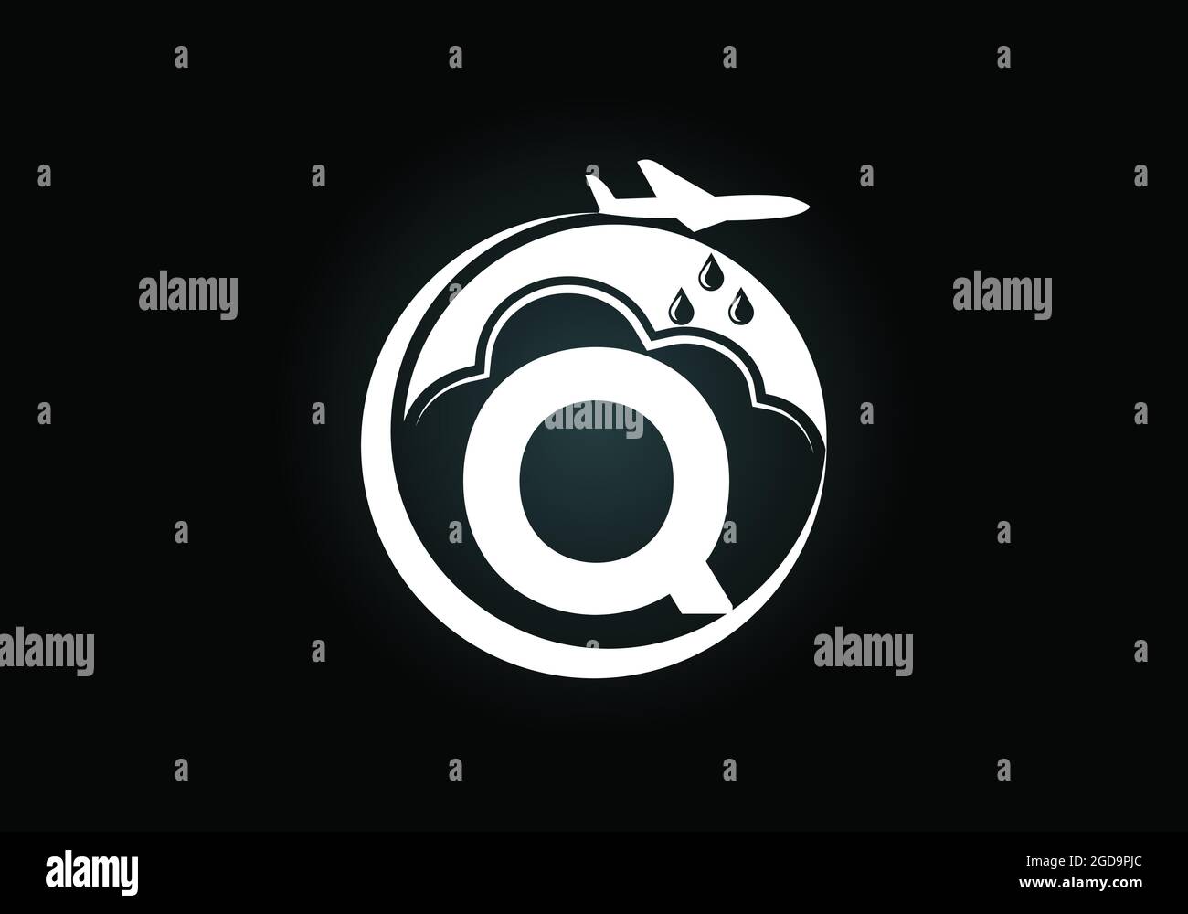 Initial Q monogram alphabet with an airplane and cloud. Artificial ...