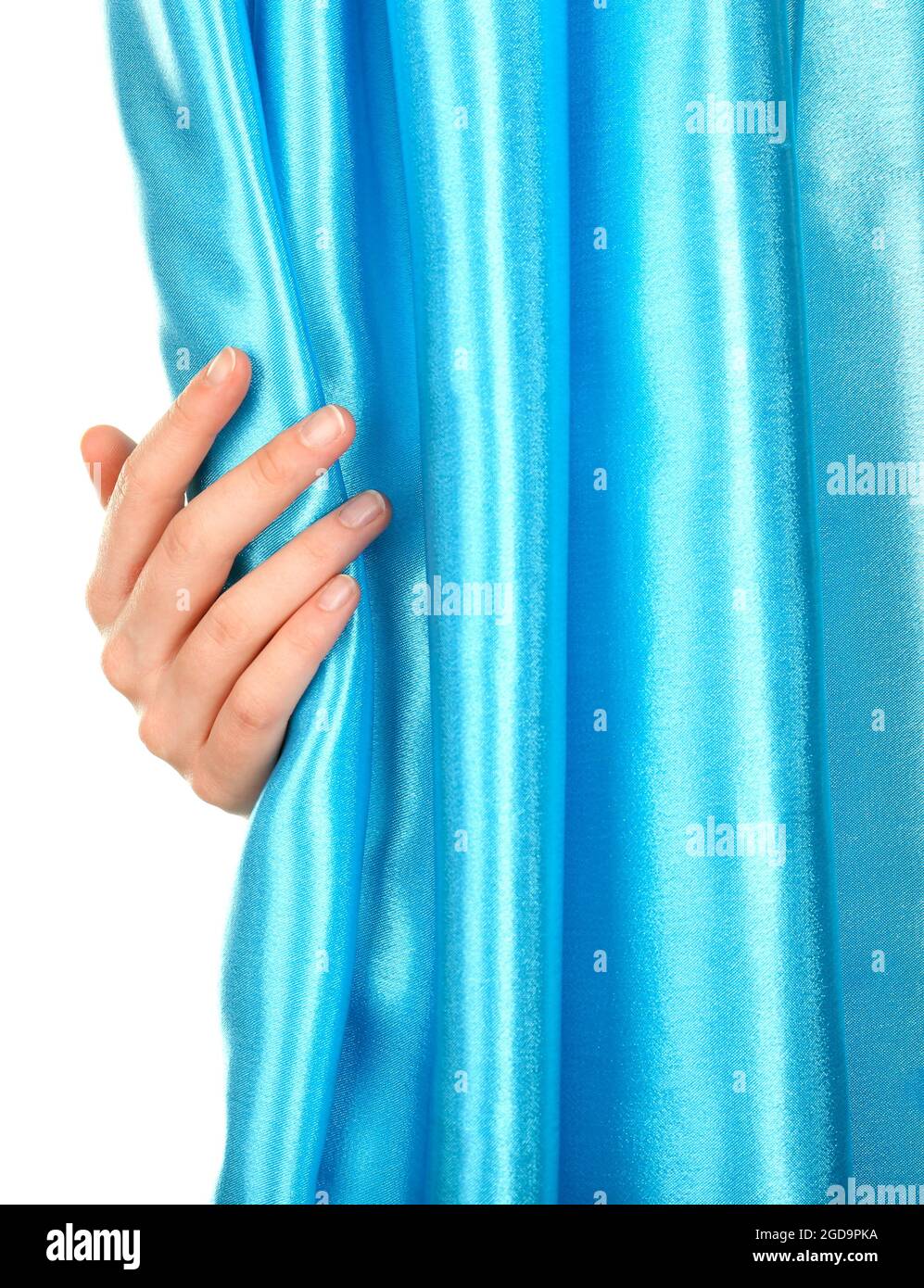 Hand opening curtain isolated on white Stock Photo - Alamy