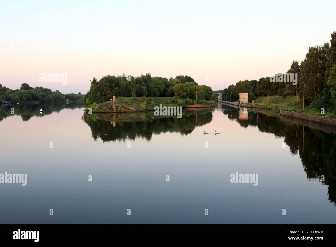 Landscape of old lock on Oka river at sunset, Russia Stock Photo - Alamy
