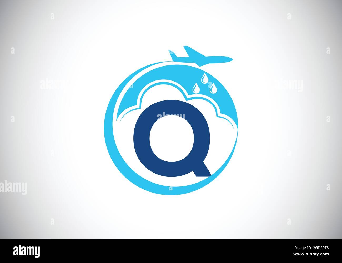 Initial Q monogram alphabet with an airplane and cloud. Artificial ...