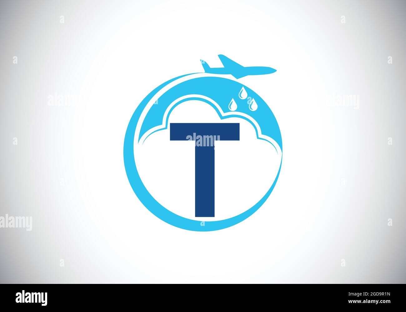 Initial T monogram alphabet with an airplane and cloud. Artificial ...