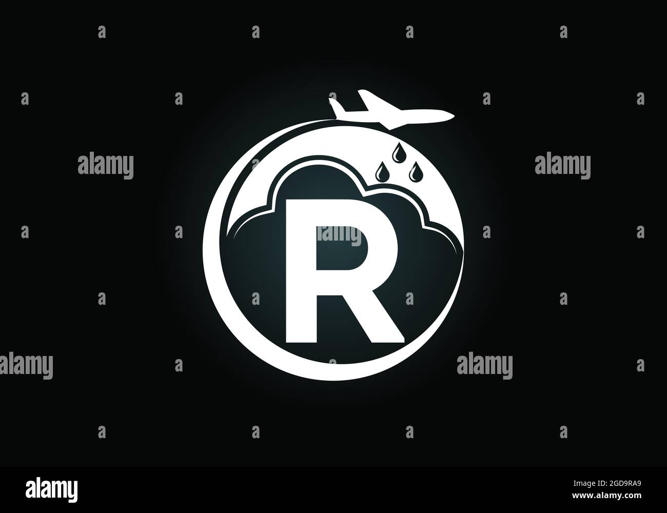 Initial R monogram alphabet with an airplane and cloud. Artificial ...