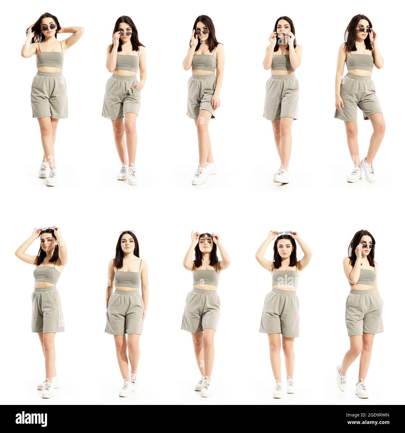 Collage of trendy young gen Z women interacting with sunglasses summer ...