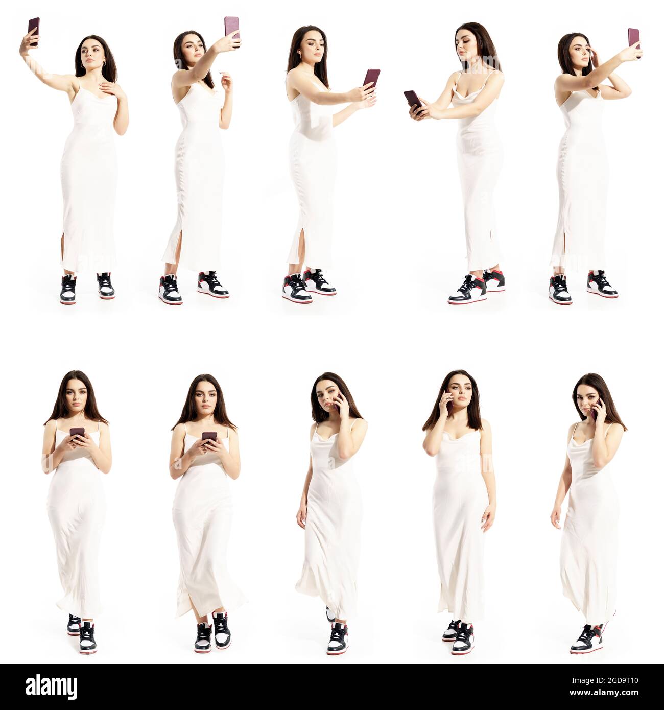 Collage of young black hair gen Z women in white dress taking selfies ...