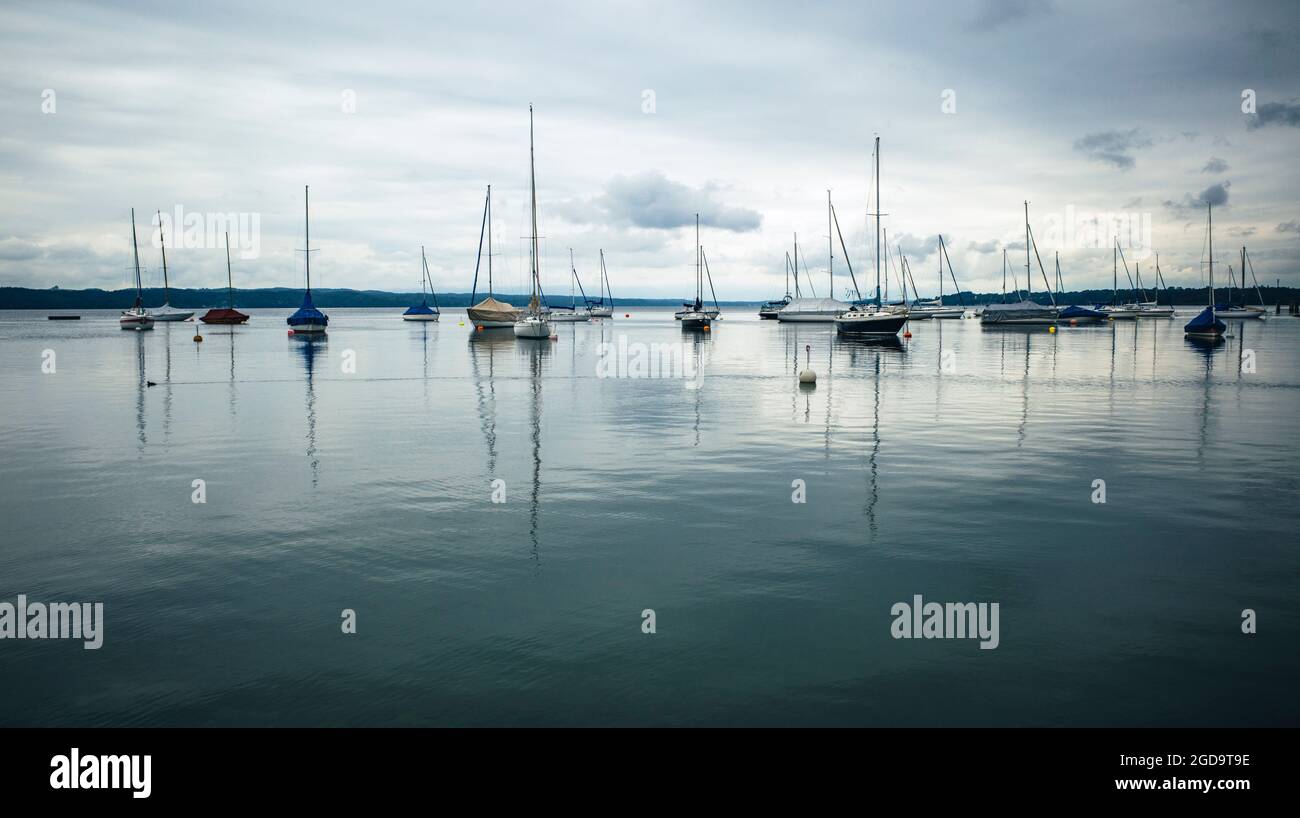 sailing yachts on calm lake, starnberger lake, germany Stock Photo - Alamy