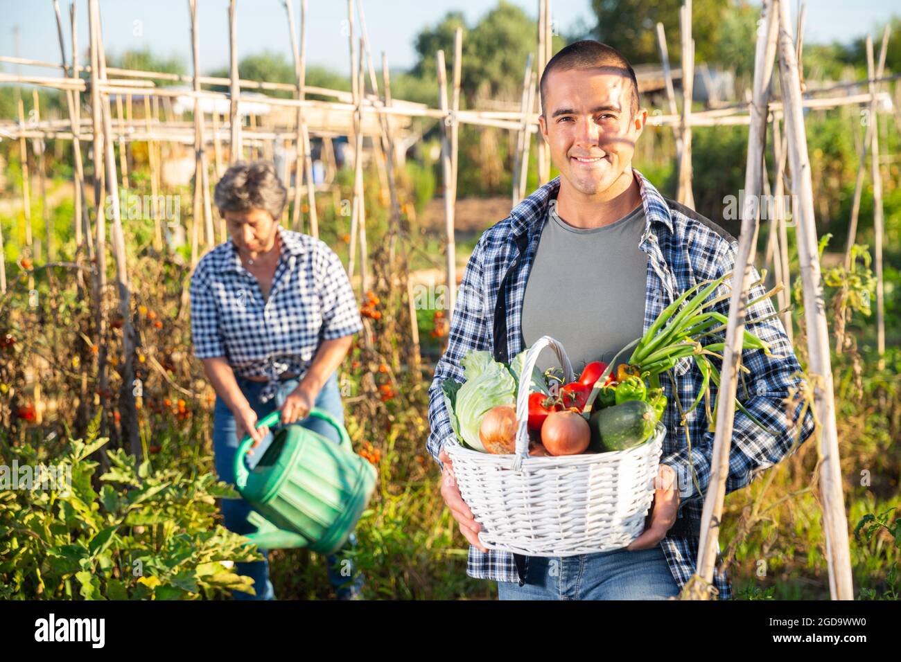 Smiling young gardener showing rich crop of vegetables in garden Stock ...