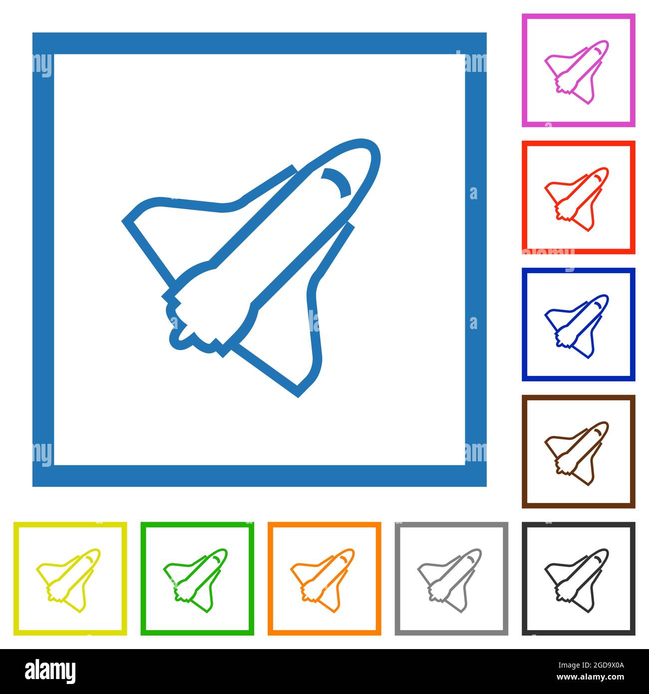Space shuttle outline flat color icons in square frames on white ...