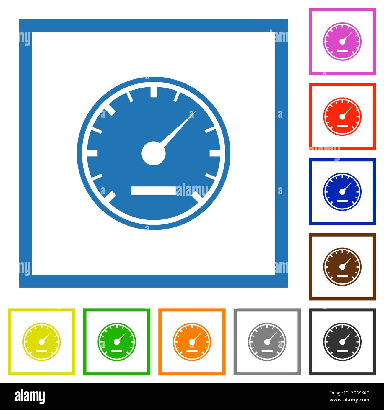 Speedometer solid flat color icons in square frames on white background ...