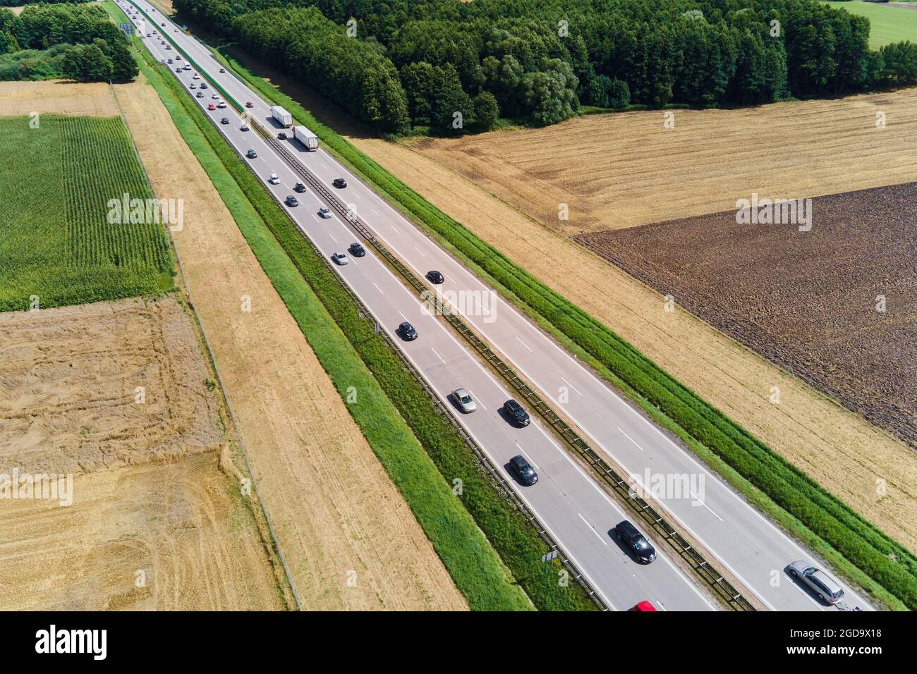 Cars movement on a highway, aerial view. Car traffic on a suburban ...