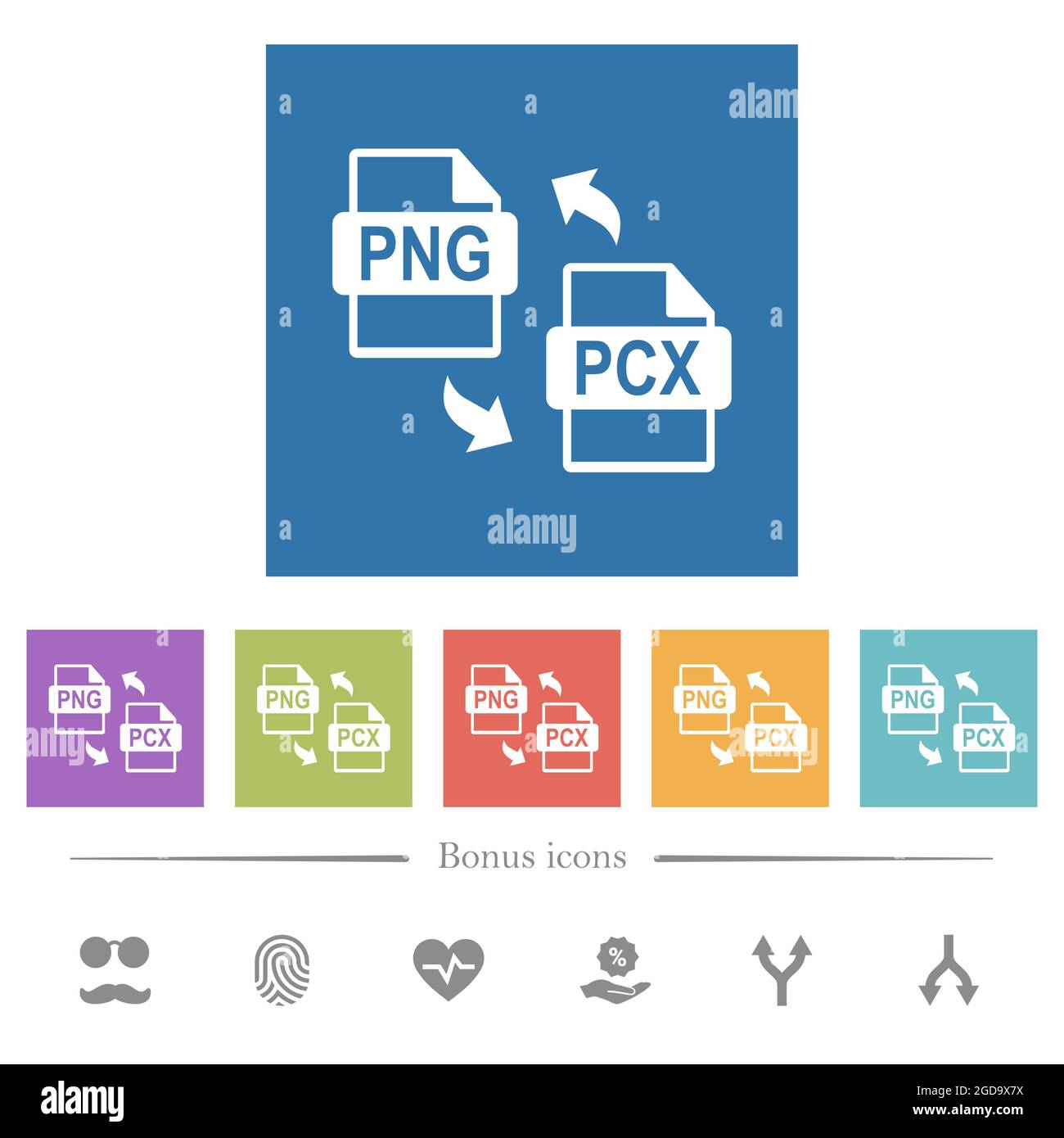 PNG PCX file conversion flat white icons in square backgrounds. 6 bonus ...