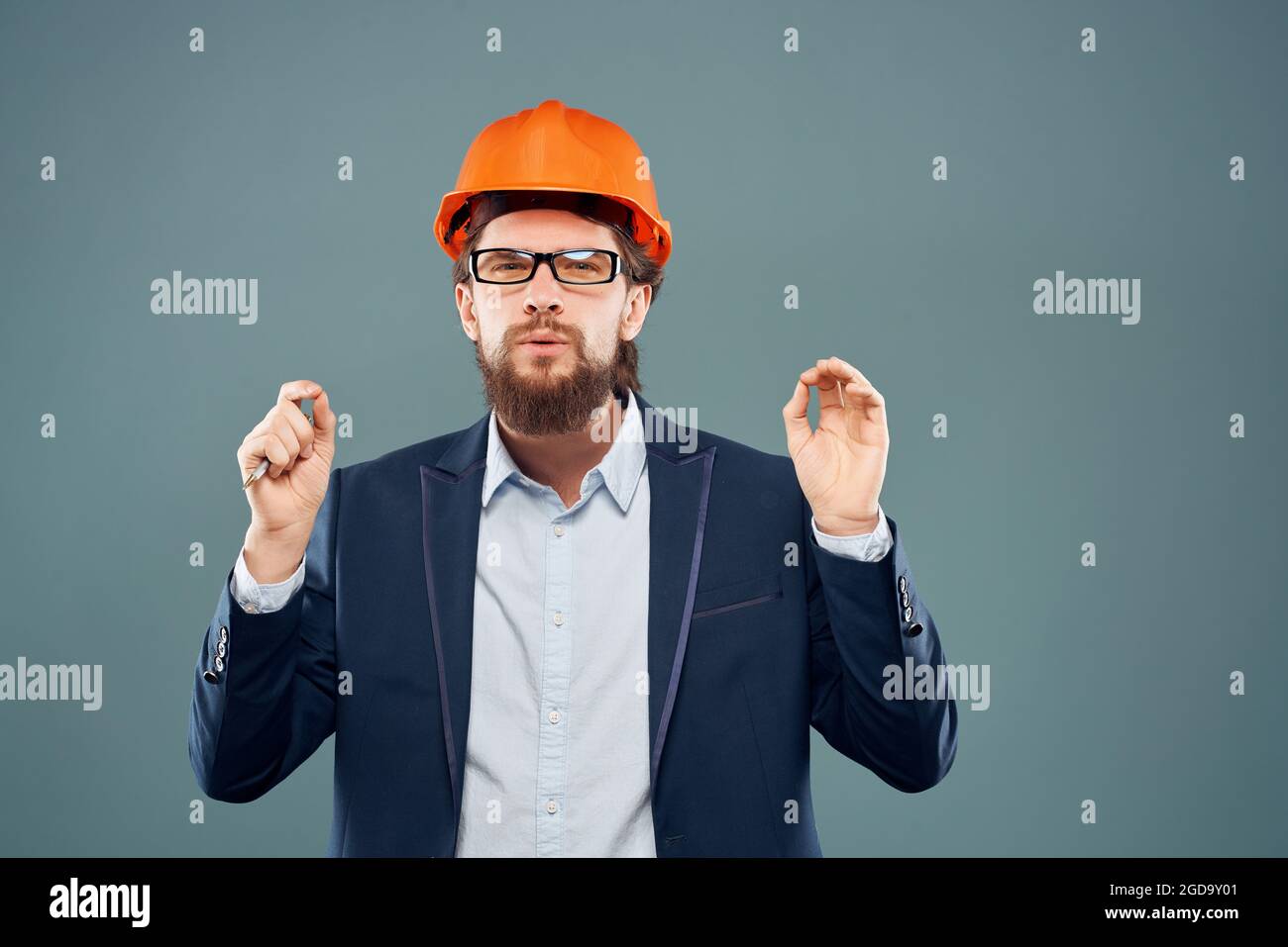male engineer work in the construction industry Studio hand gesture ...