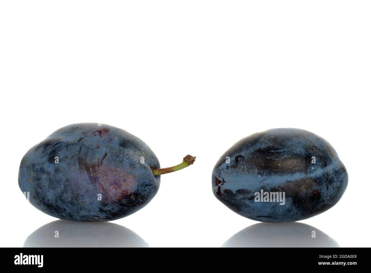 Two ripe organic Damson plums, close-up, isolated on white Stock Photo ...