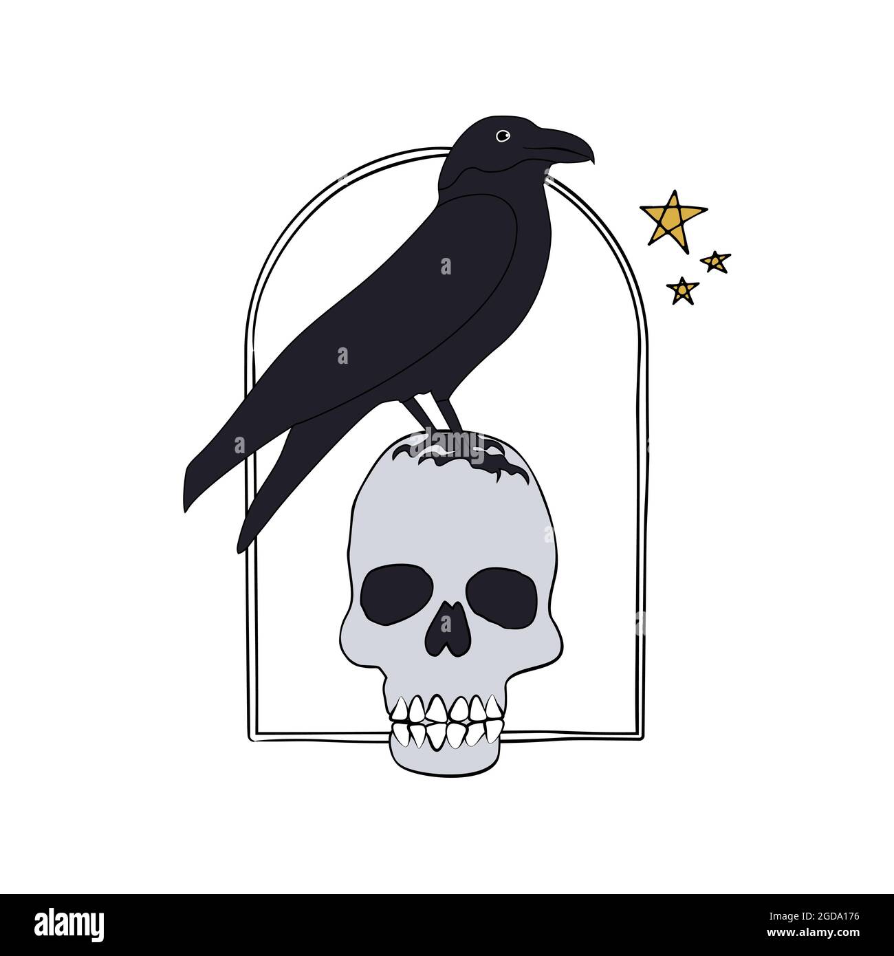 Vintage Mystic Crow sitting on human skull inside arch Stock Vector ...