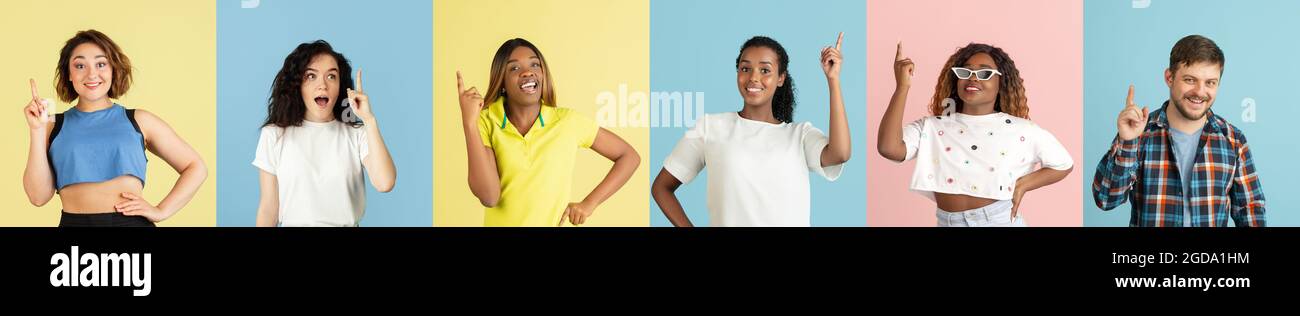 Flyer. Six young people, man and women act the ape, pointing upwards ...