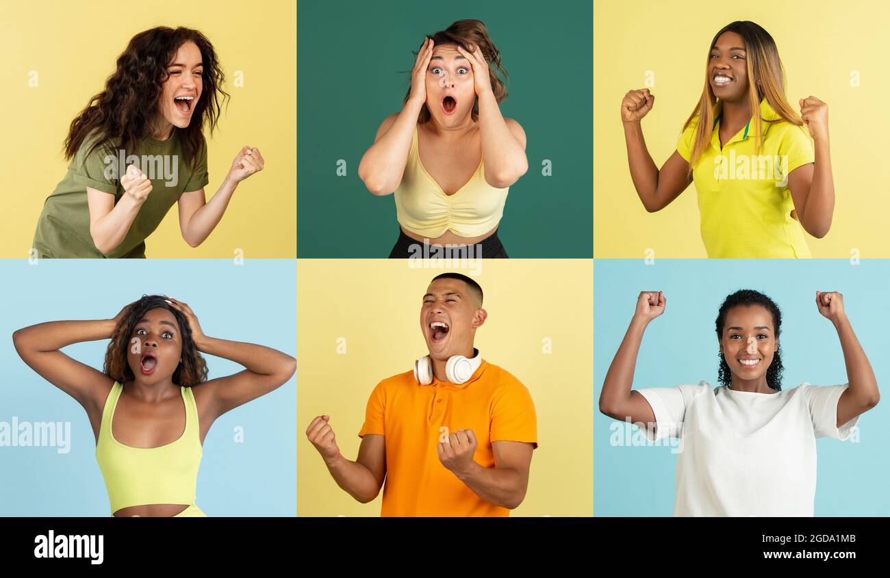 Win, winner. Collage of six young people, man and women isolated over ...