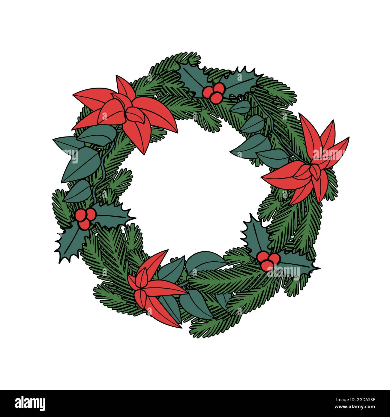 Colorful Line Art Christmas Wreath clipart, decorated spruce green ...
