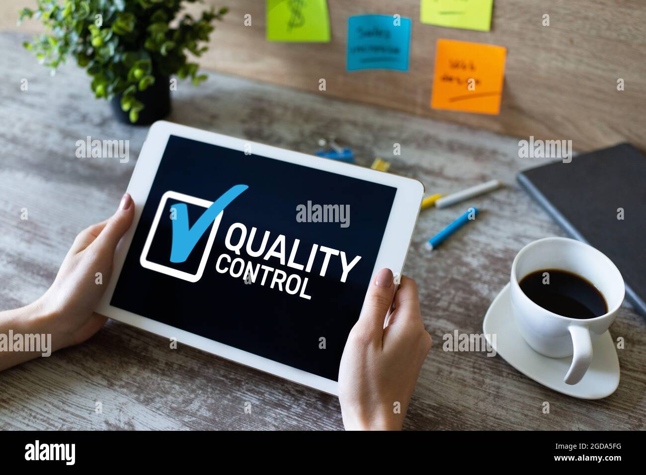 Quality control check box on device screen. Standards and certification ...