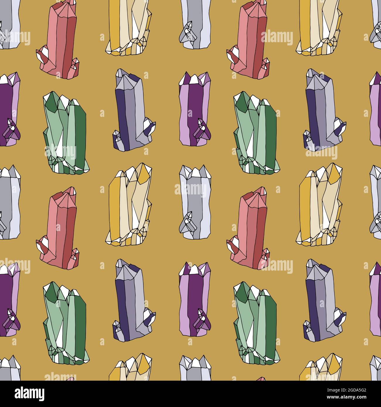 Seamless pattern with hand drawn colorful crystals on gold background ...