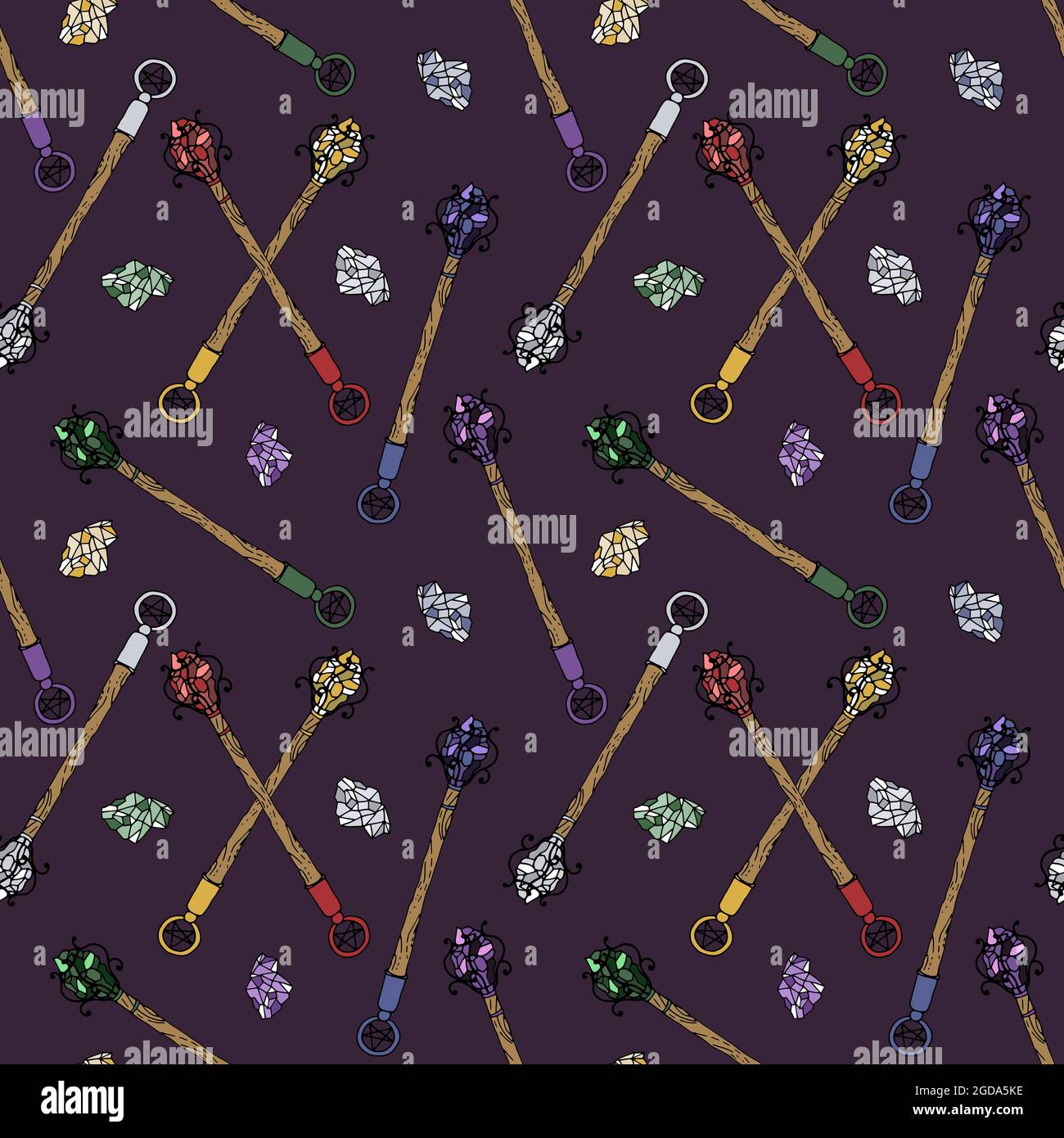 Seamless pattern with hand drawn colorful crystals and magic wands on ...