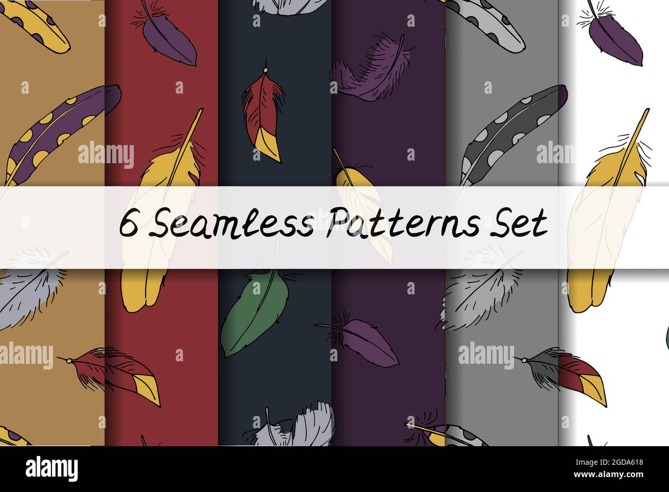 Seamless patterns set with hand drawn doodle boho feathers. Bohemian ...