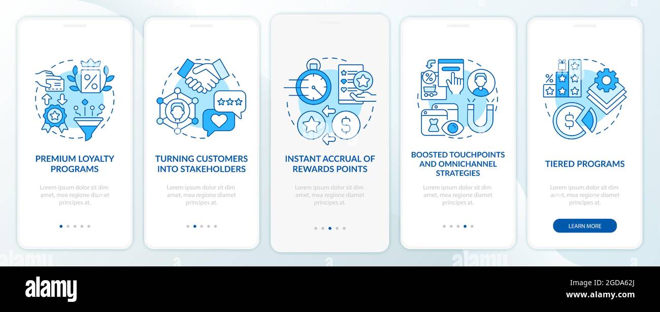 Loyalty program tendencies blue onboarding mobile app page screen Stock ...