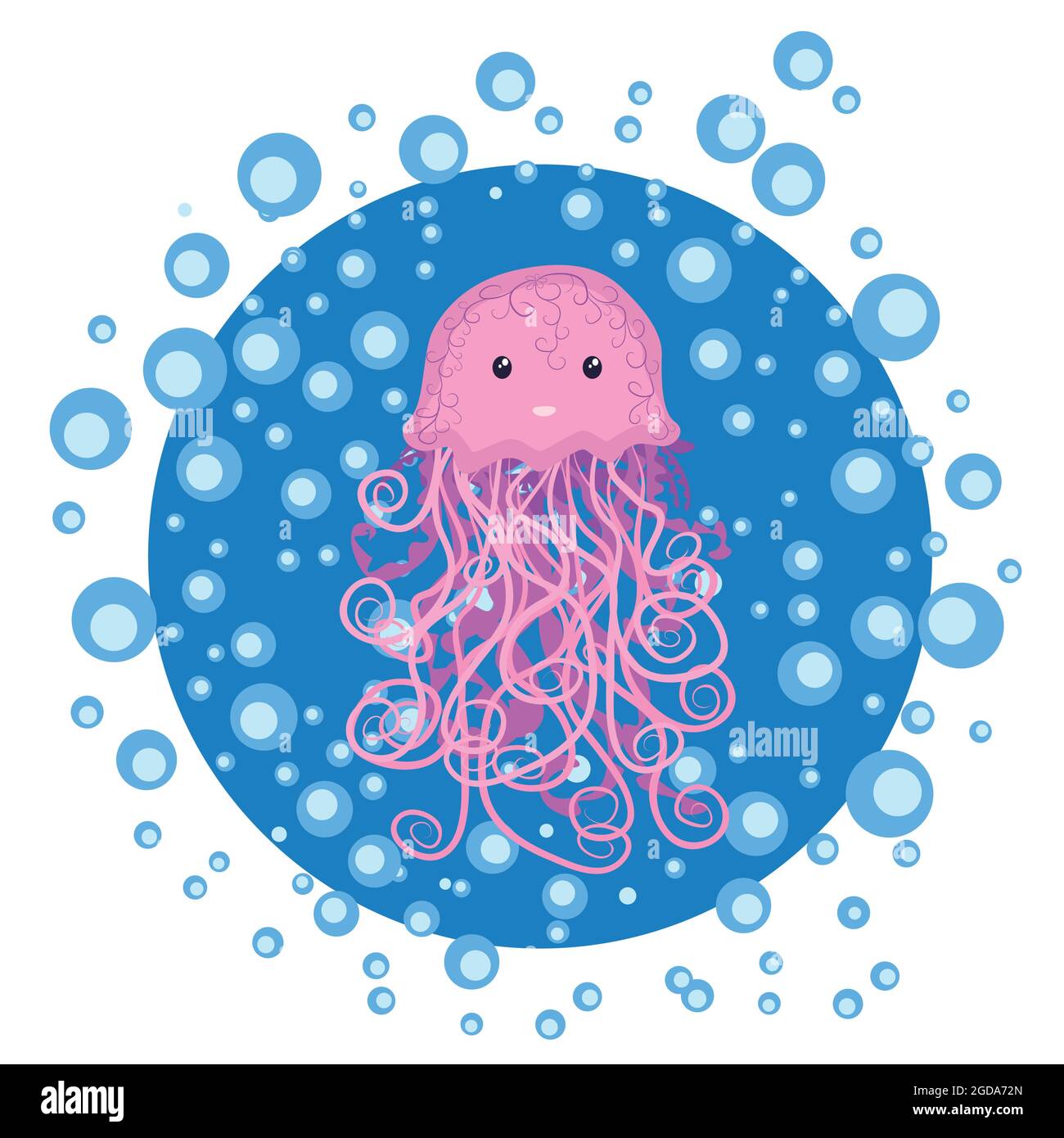 Funny jellyfish hand drawn among water bubbles. Cute marine life ...