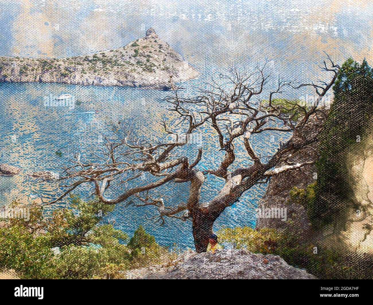 Dry twisted tree against the blue sea and the summer sky. Famous place ...