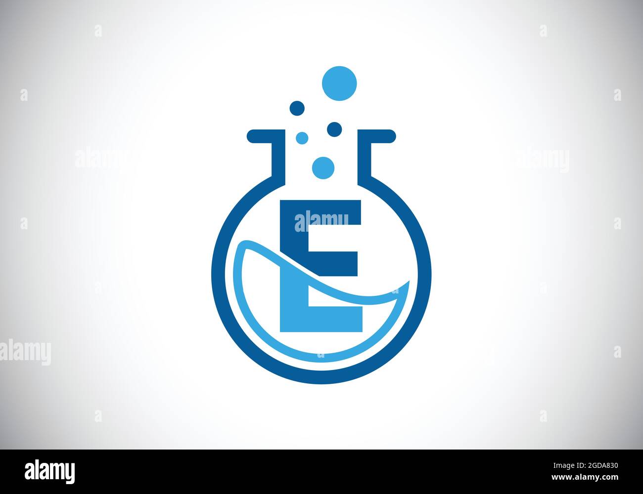 Initial E monogram alphabet with lab glass, chemical liquid, and ...