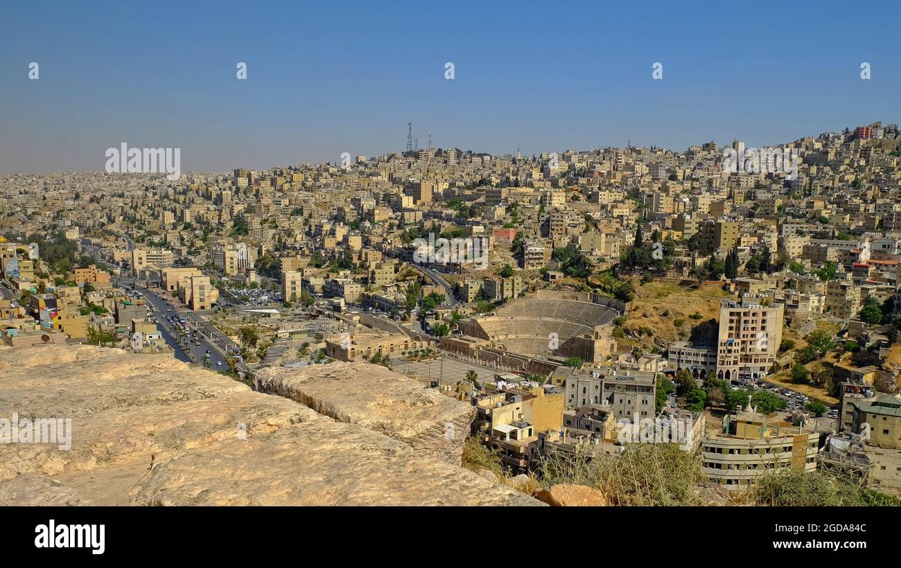 The city of Amman in Jordan under the blue sky from the Citadel Stock ...