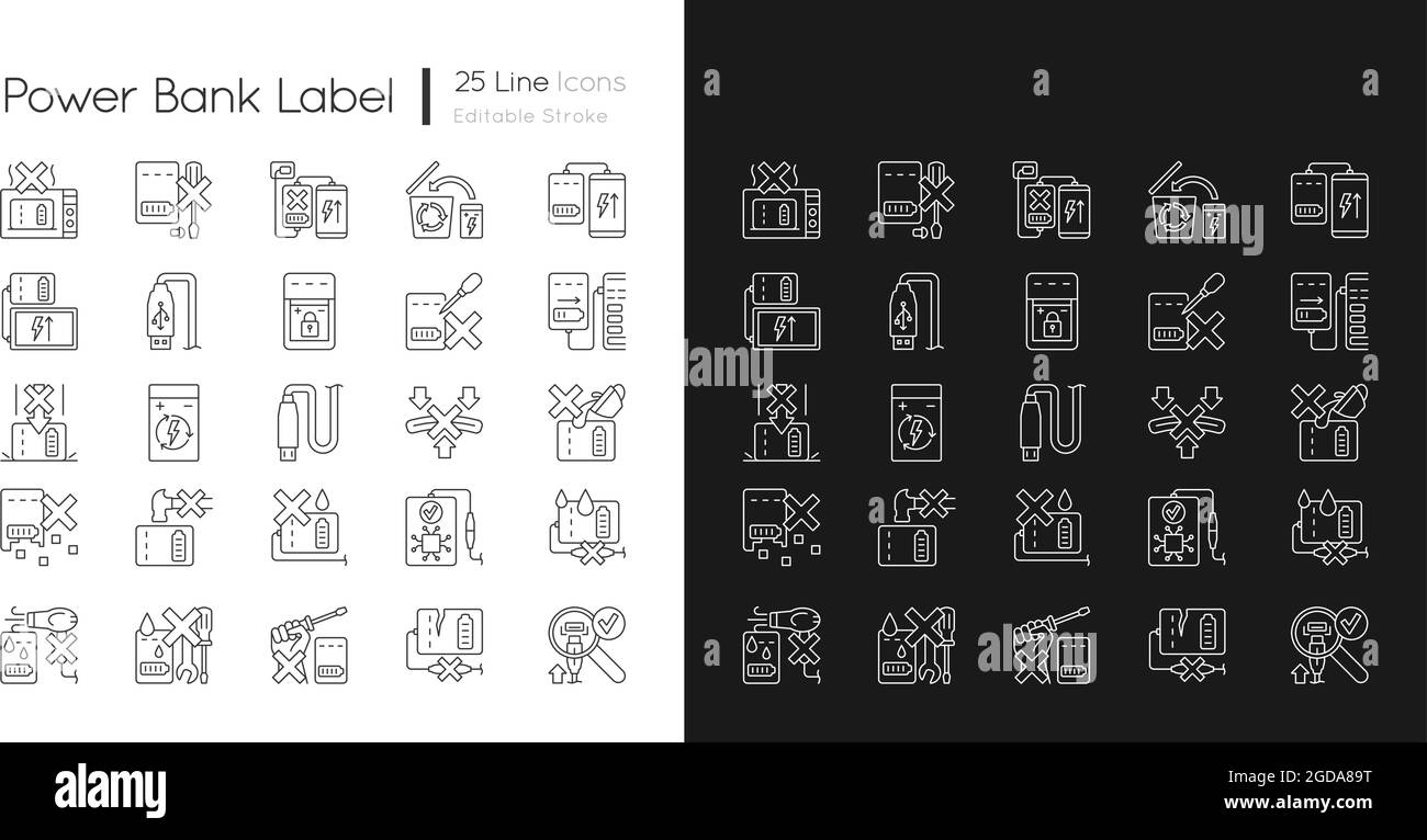 Power bank usage linear manual label icons set for dark and light mode ...