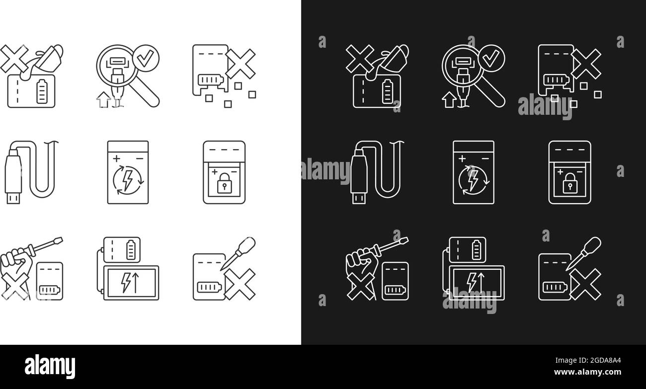 Portable charger care linear manual label icons set for dark and light ...